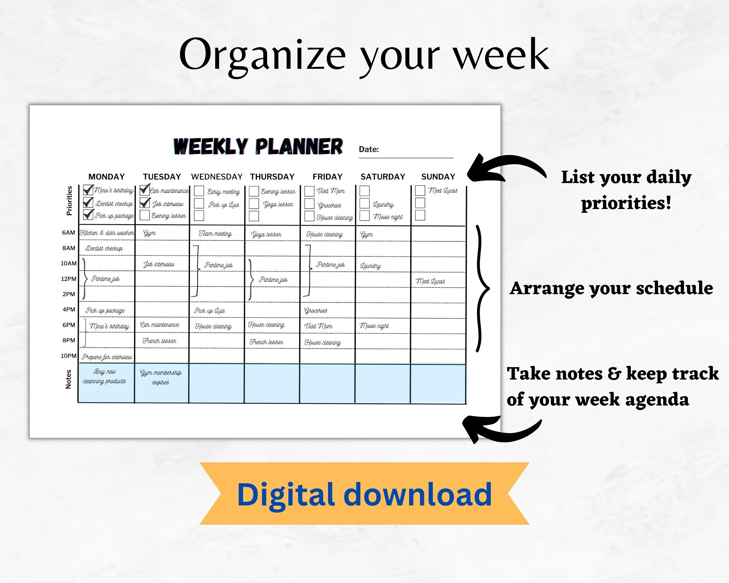Simple Weekly Printable Planner, Minimalist Hourly Undated Schedule ...