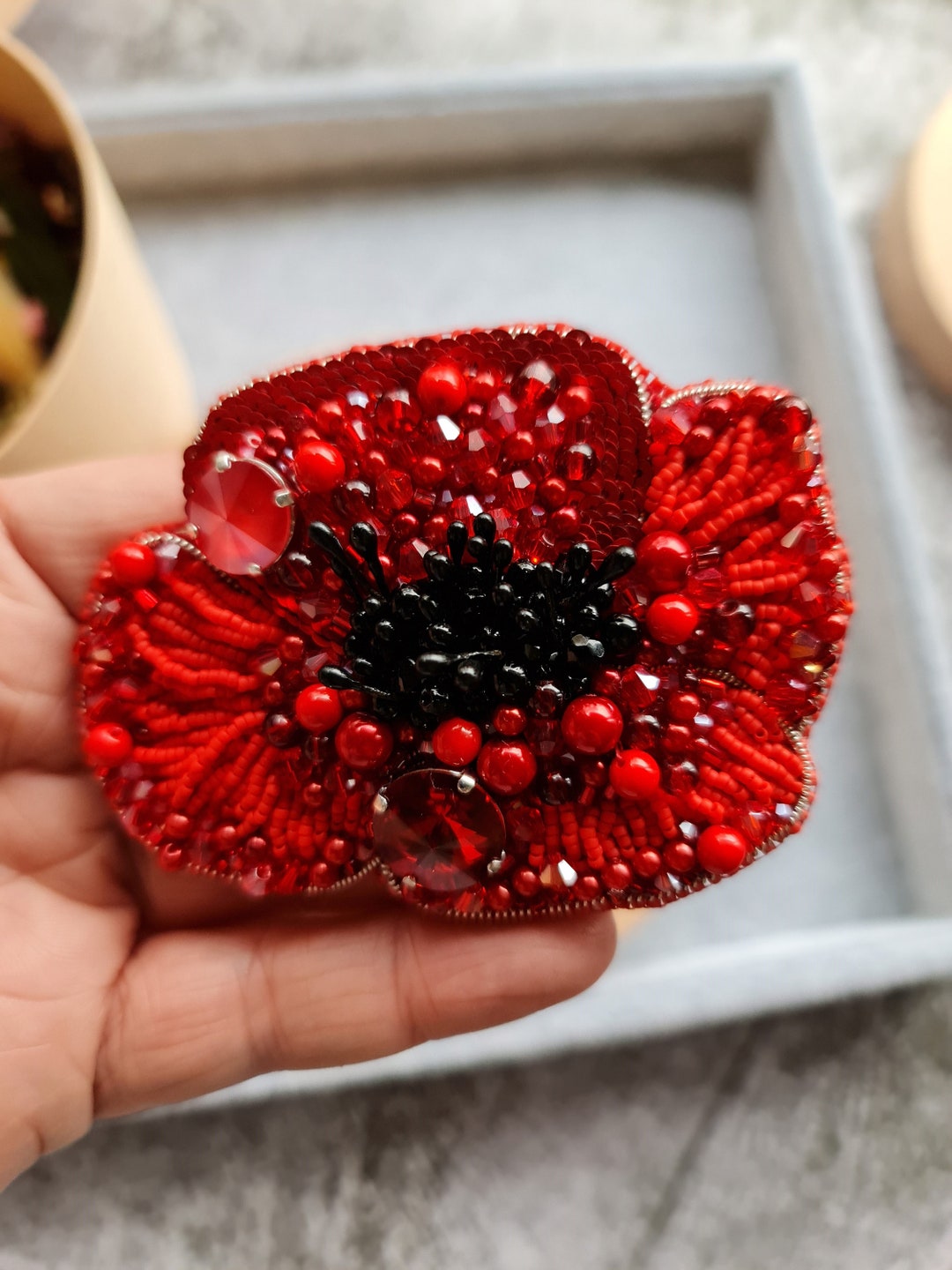 Poppy Embroidered Brooch, Flower Crystal Pin, Handmade Jewelry - Etsy