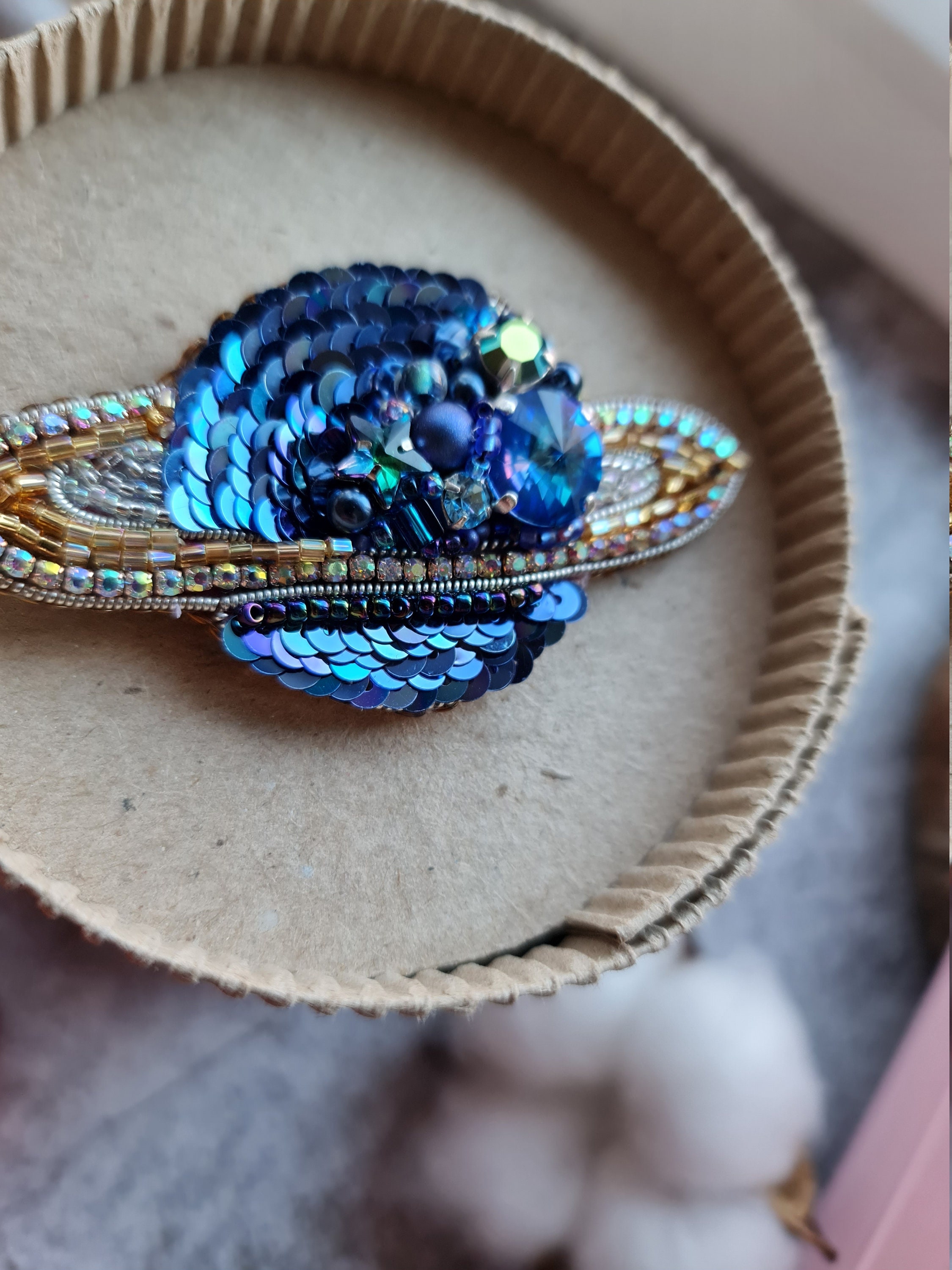 Planet Beaded Pin Blue Saturn Embroidered Brooch Gift for - Etsy