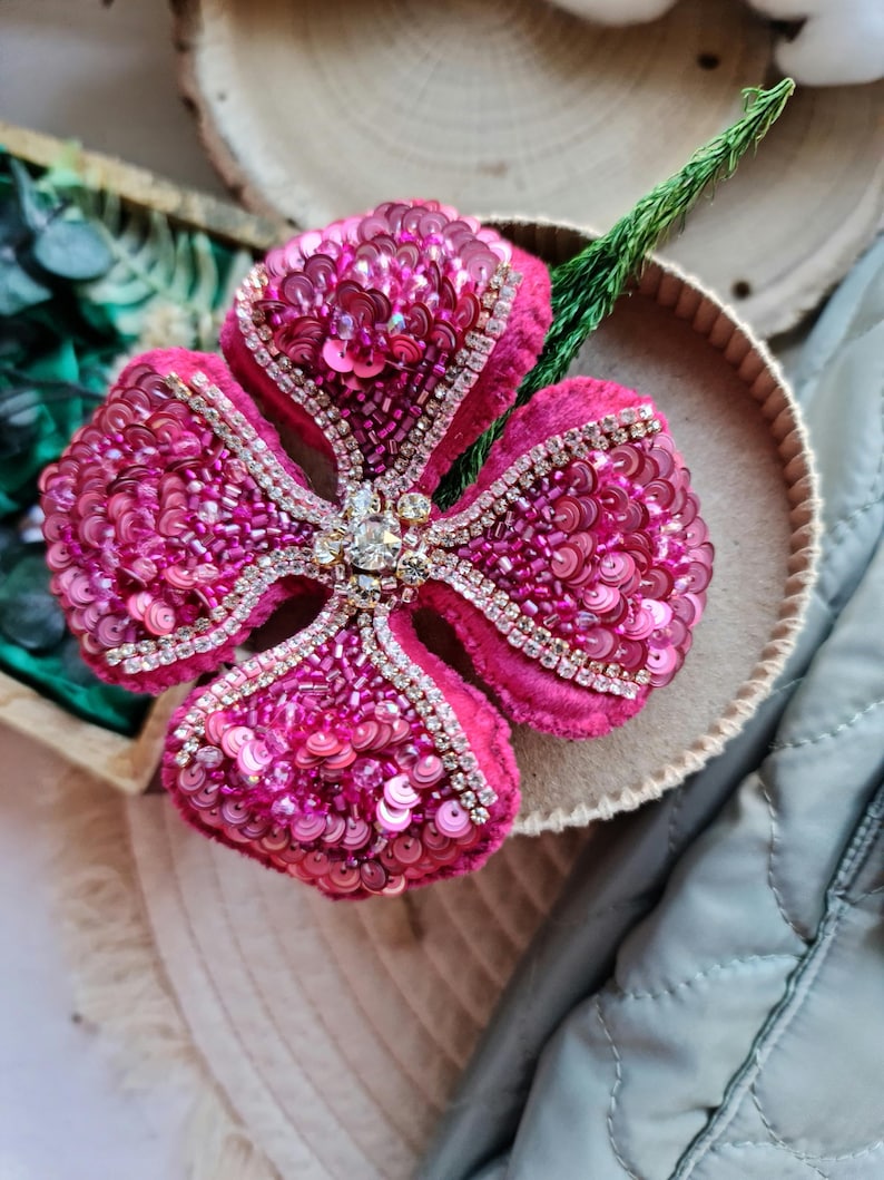 Handmade Beaded Pink Flower Brooch Set: Velvet Party Pins - Etsy