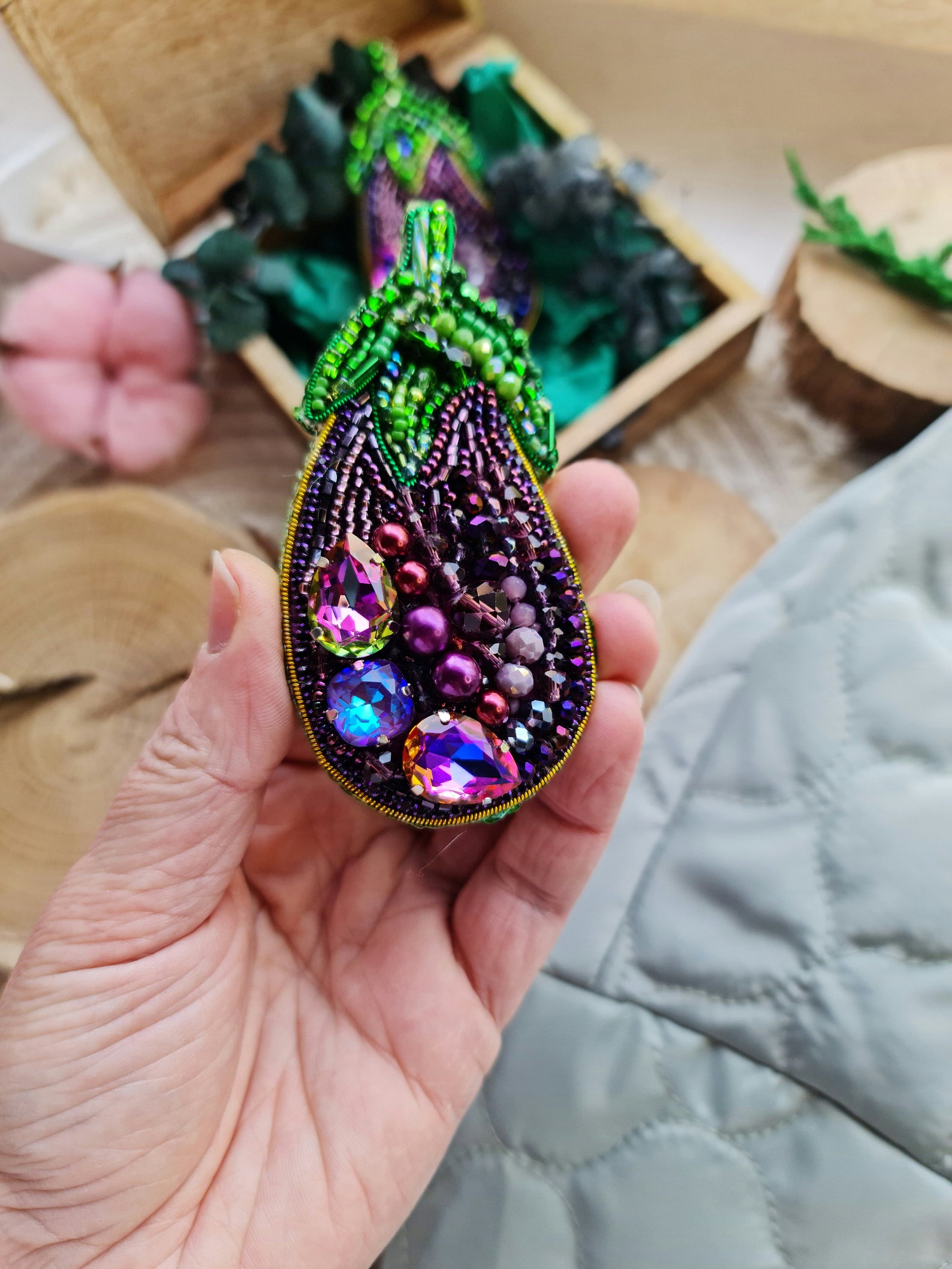 Handmade Purple Eggplant Beaded Brooch - Crystal Embroidered Vegetable ...