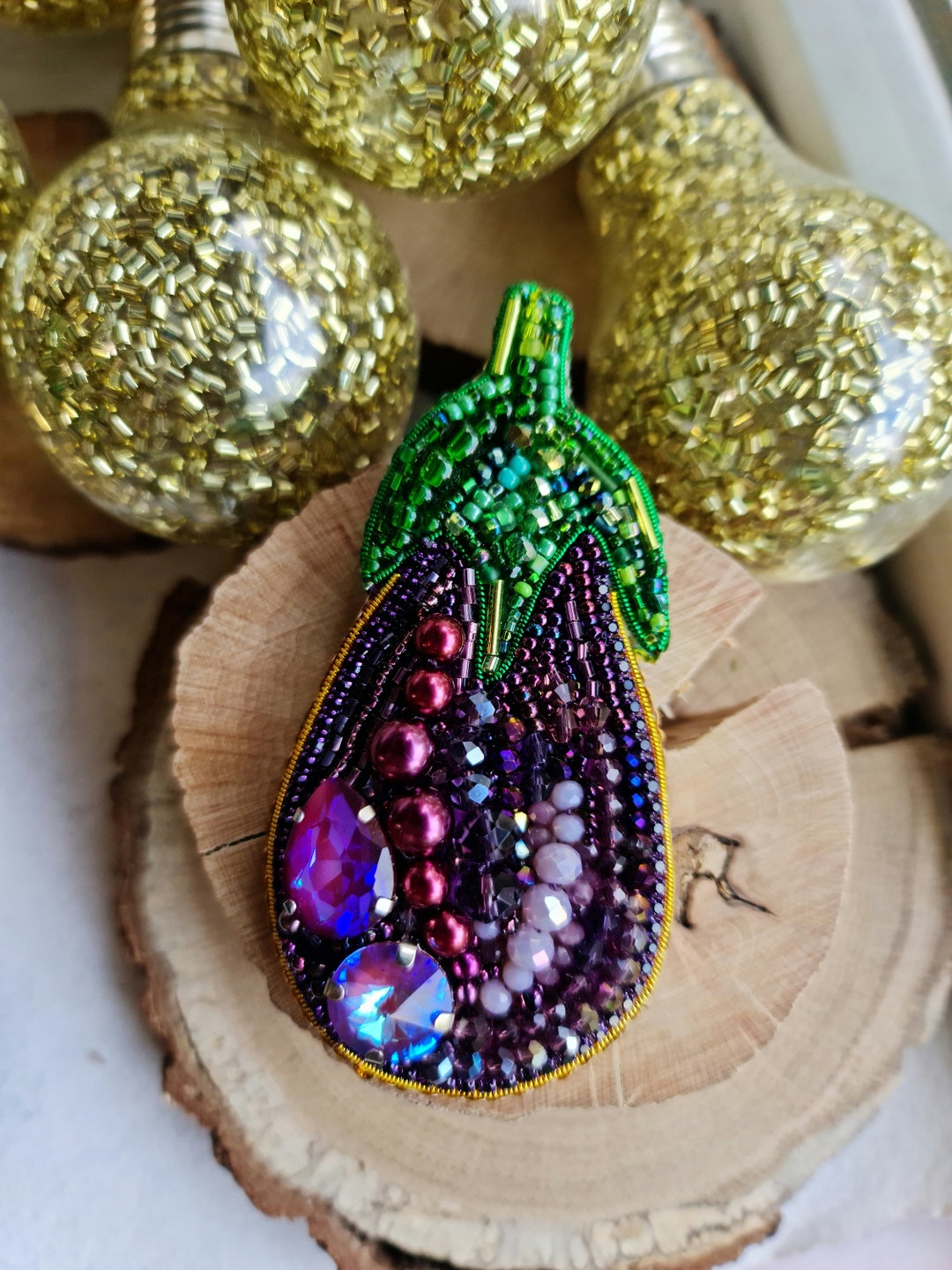 Beaded Eggplant Brooch: Vegetable Jewelry With Crystals - Etsy