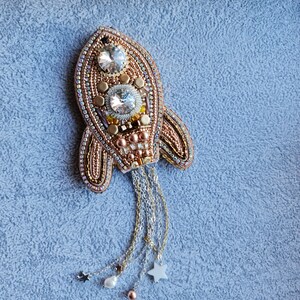 Rocket Embroidery Brooch, Cosmic Pin, Space Jewelry, Rhinestone Bead ...