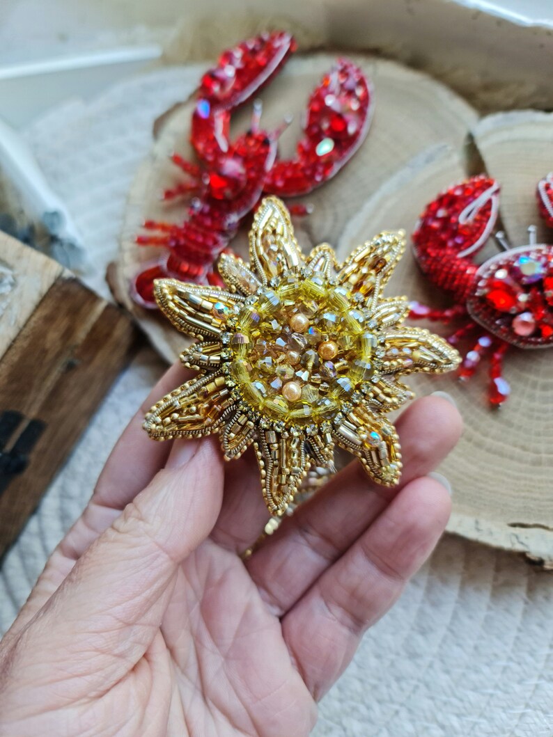 Gleaming Solar Flare Gold Sun Brooch - Celestial Embroidered Pin for ...