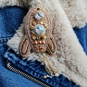 Rocket Embroidery Brooch, Cosmic Pin, Space Jewelry, Rhinestone Bead ...