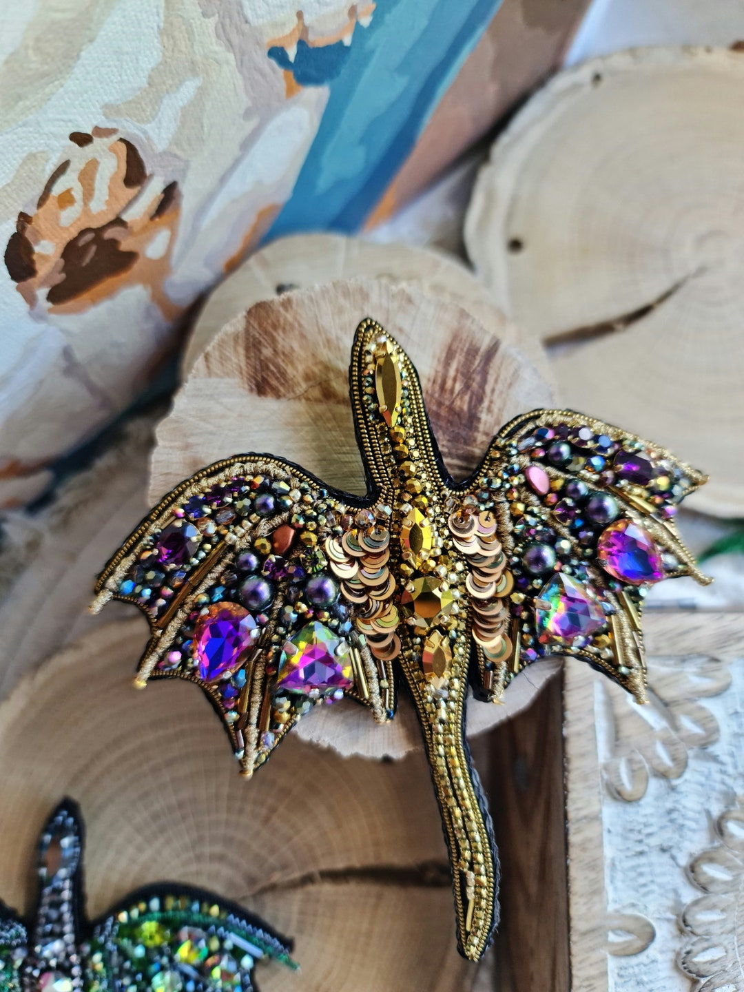 Golden Dragon's Splendor Brooch - Handcrafted Embroidered Beaded Dragon ...