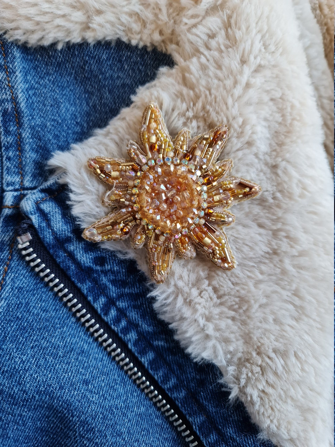 Celestial Brooch, Golden Sun Pin, Beaded Jewelry, Gift for Space Lover ...
