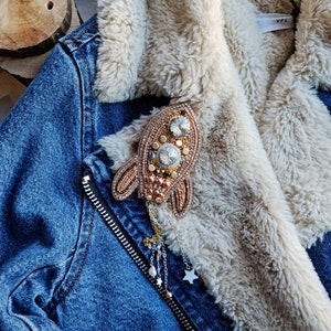 Rocket Embroidery Brooch, Cosmic Pin, Space Jewelry, Rhinestone Bead ...