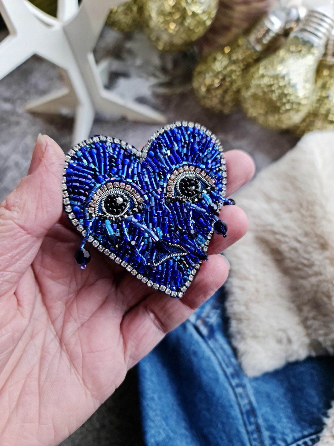 Heart Beaded Brooch, Embroidered Blue Heart, Brooch Evil Eye, Couples ...