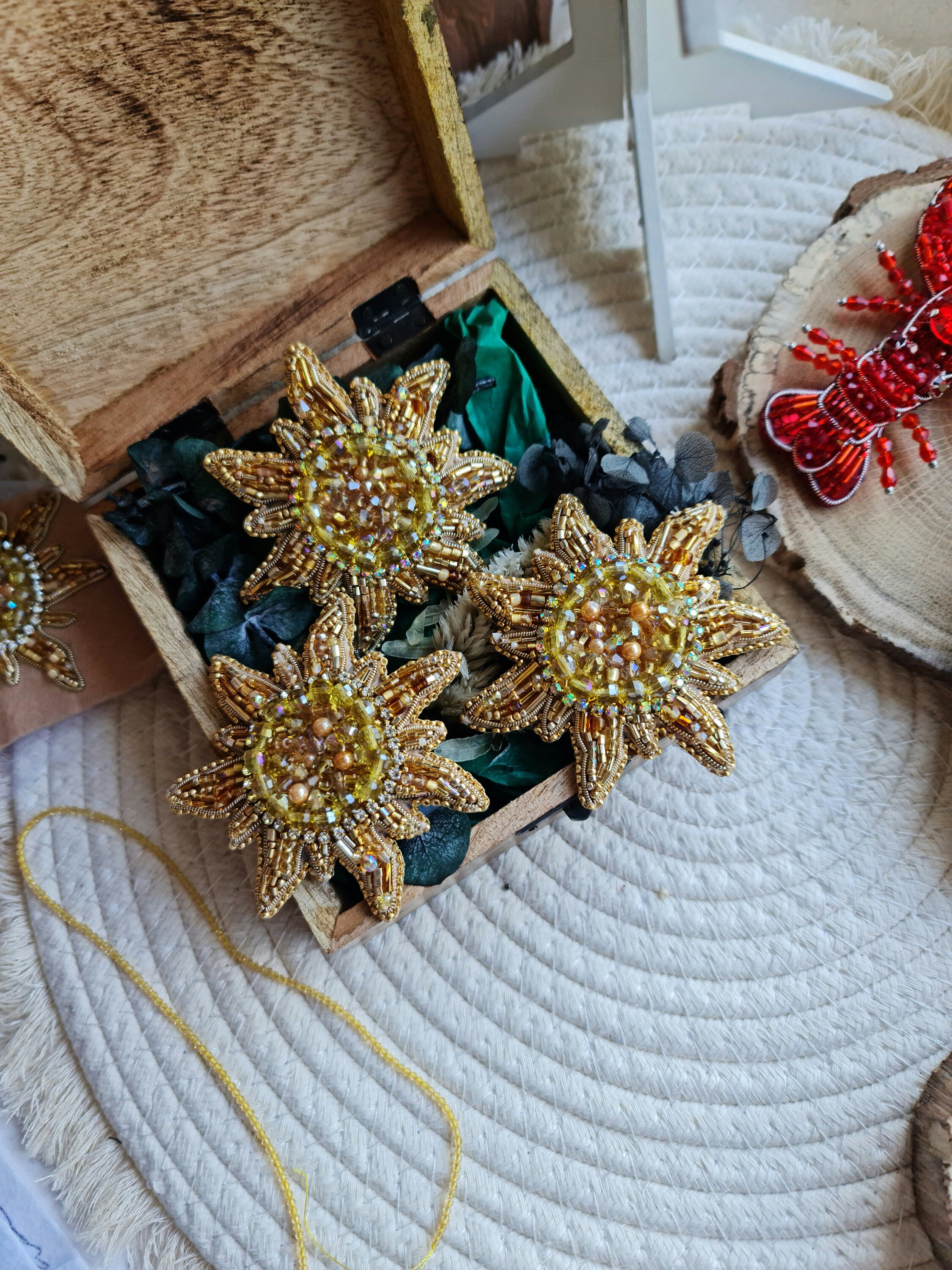 Gleaming Solar Flare Gold Sun Brooch - Celestial Embroidered Pin for ...
