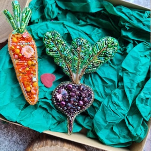 Gift Set of Vegetables Brooch, Purple Beet and Сarrots Crystal Pin - Etsy