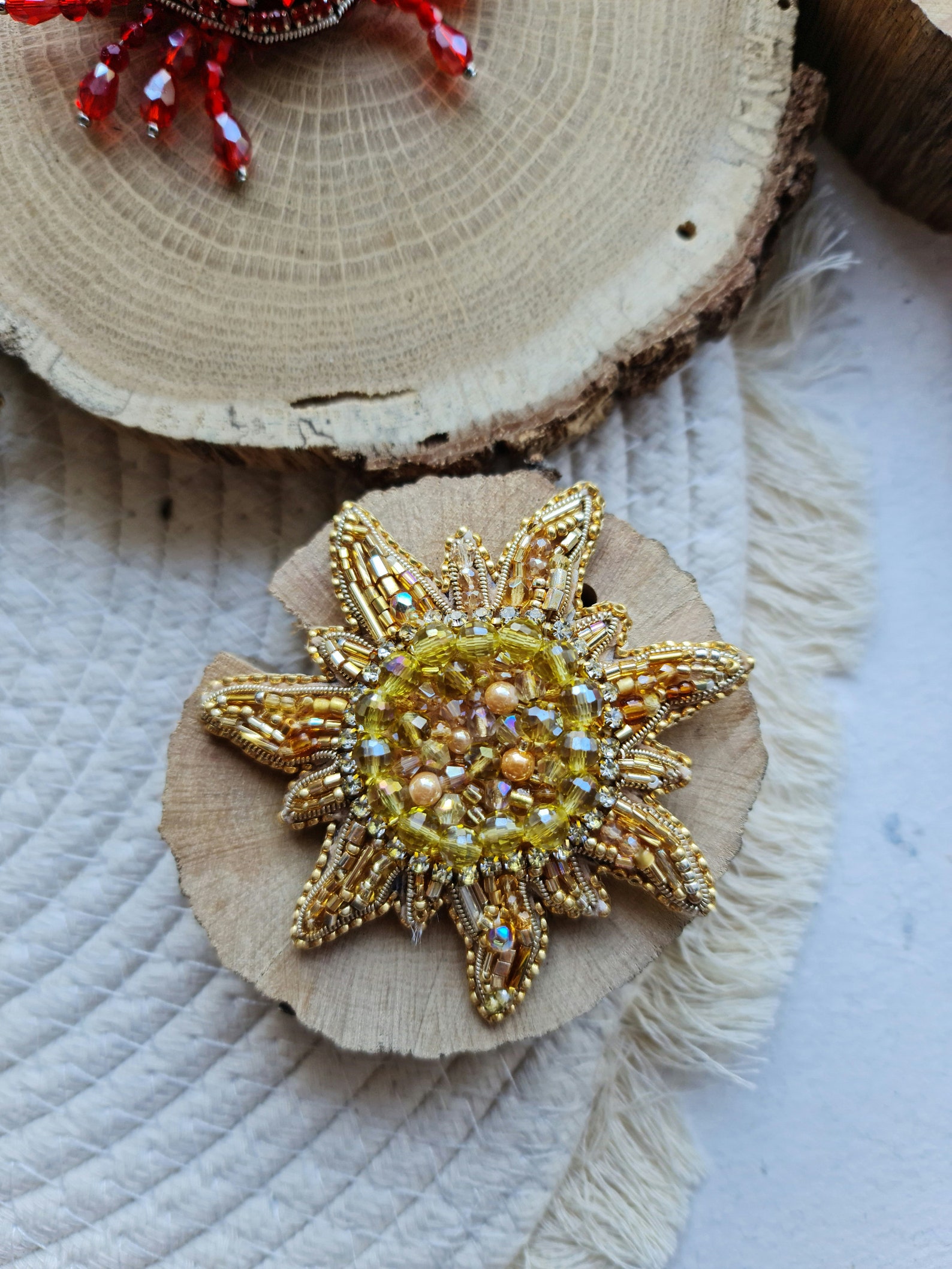 Gleaming Solar Flare Gold Sun Brooch - Celestial Embroidered Pin for ...