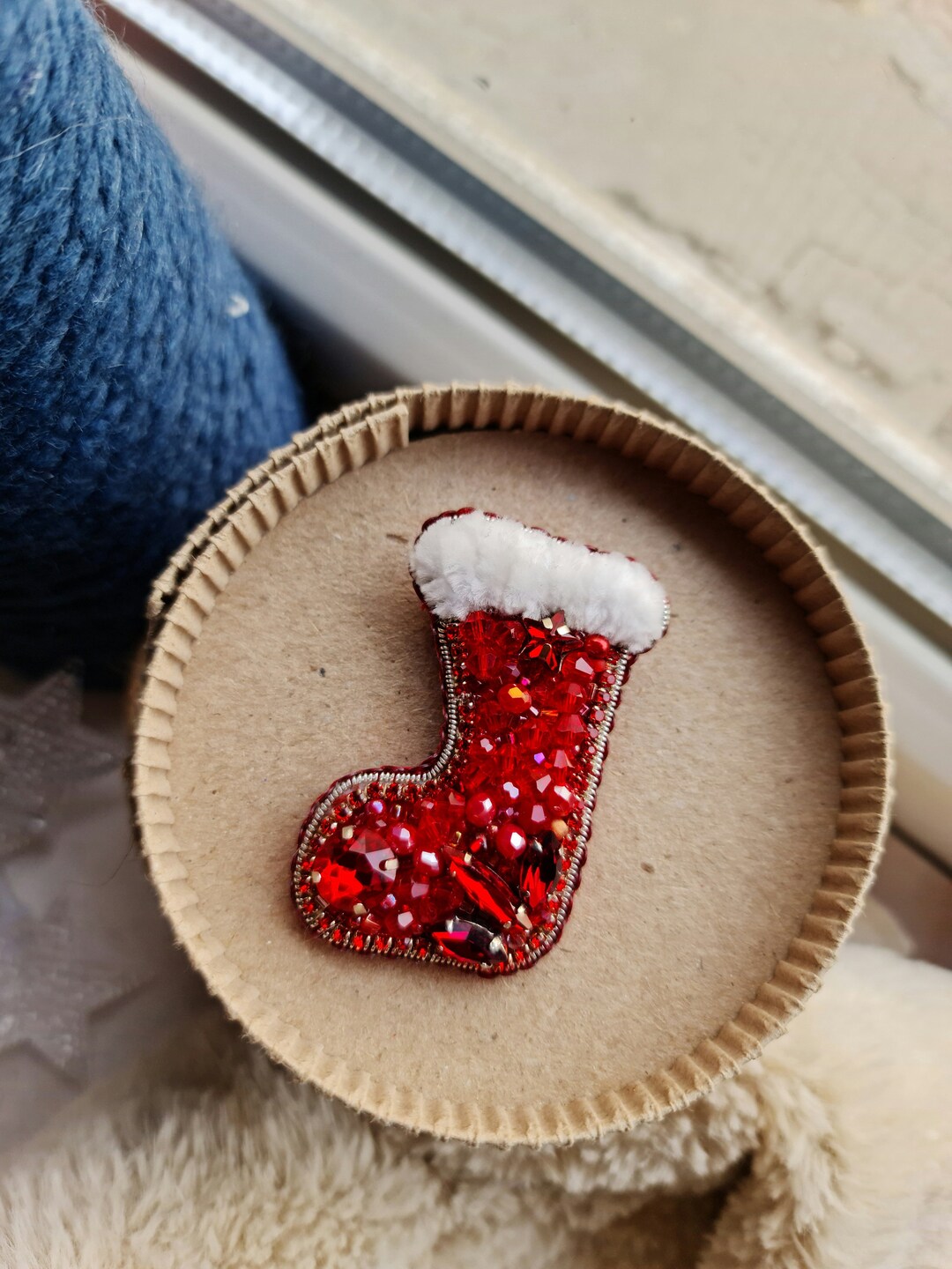 Festive Santa's Boot" Christmas Beaded Brooch - Embroidered Holiday ...