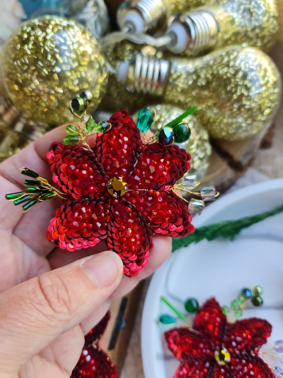 Glittering Poinsettia Brooch: Red Christmas Flower Pin - Etsy