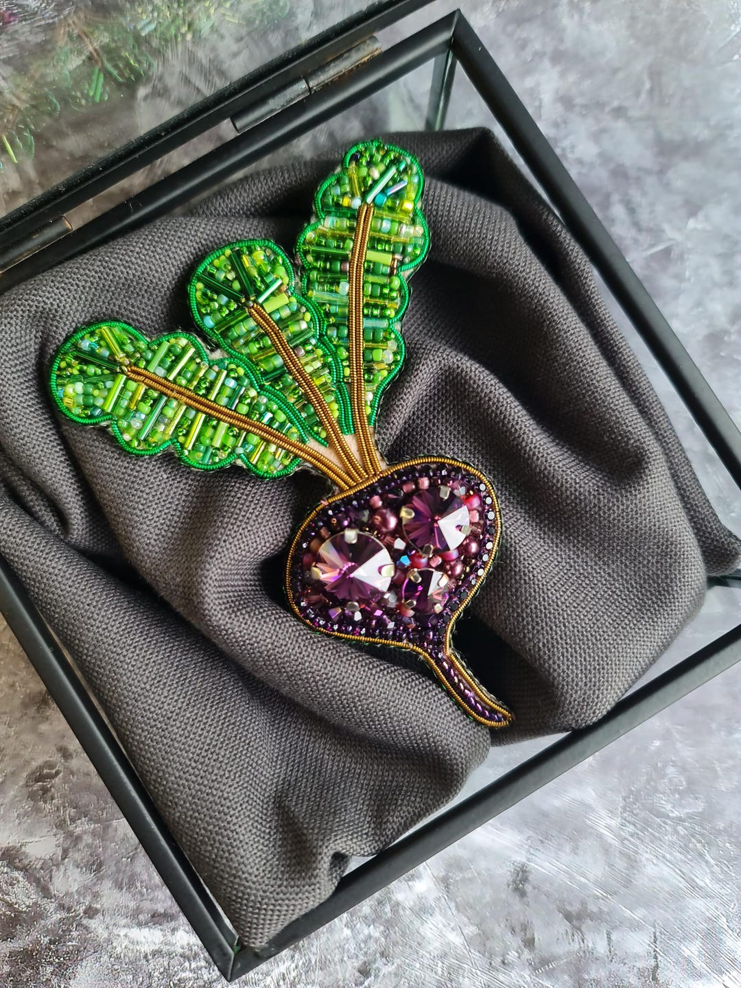 Beet Brooch – Beaded Vegetable Pin – Crystal Root Jewelry – Embroidered ...