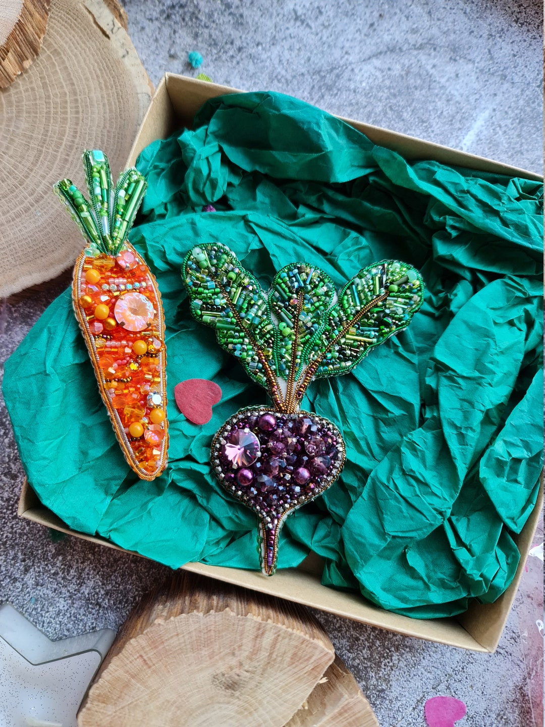 Gift Set of Vegetables Brooch, Purple Beet and Сarrots Crystal Pin - Etsy