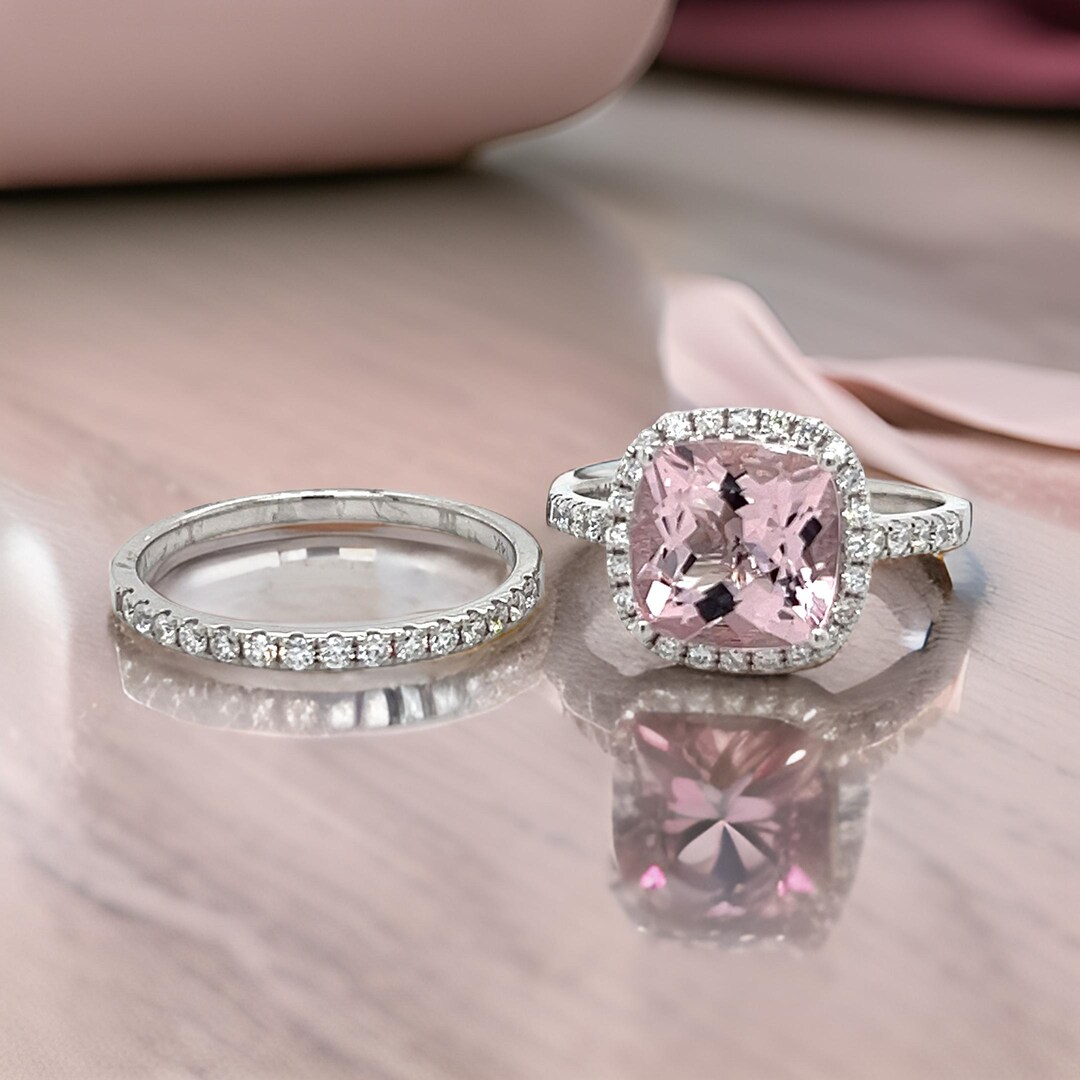 14K Gold Cushion Morganite Ring Set Diamond Classic Ring Halo Morganite ...