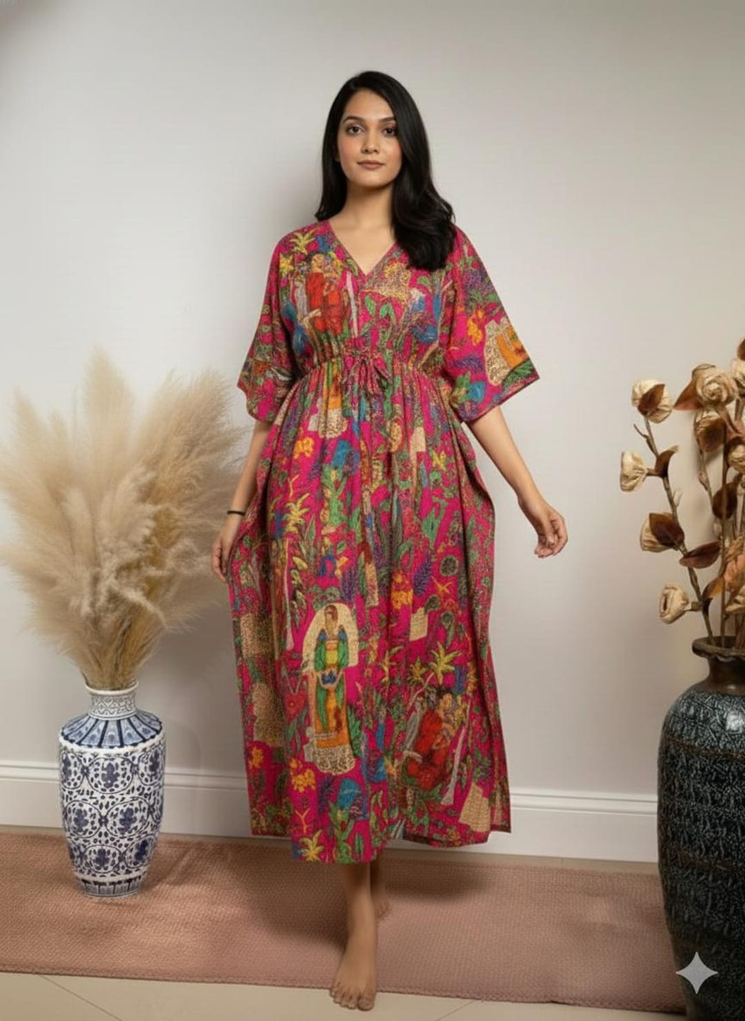 Summer Frida Kahlo Block Printed Kaftan, Cotton Summer Maxi Dress ...