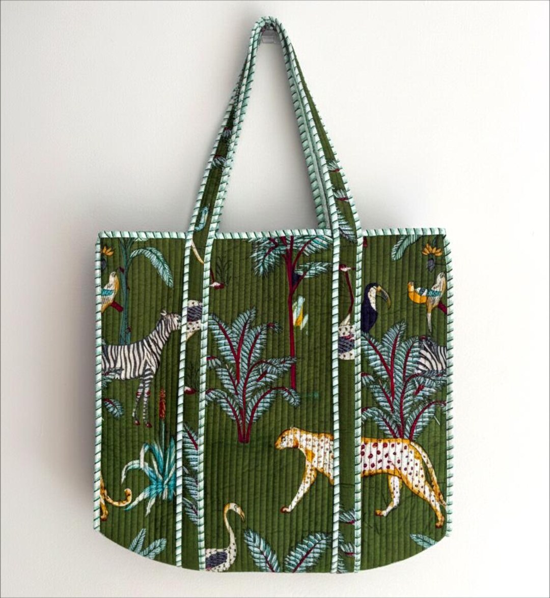 Handmade Jungle Safari Quilted Tote Bag – Cotton Animal Print Carryall ...