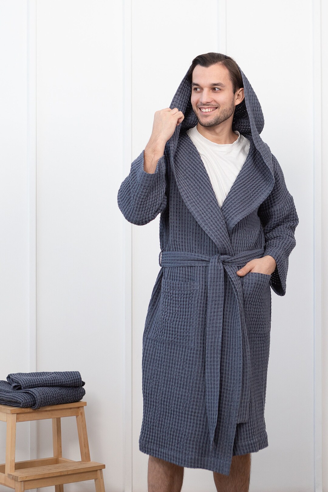 Asphalt Grey Waffle Linen Robe With Hoodie - Luxury Spa Gown - Etsy
