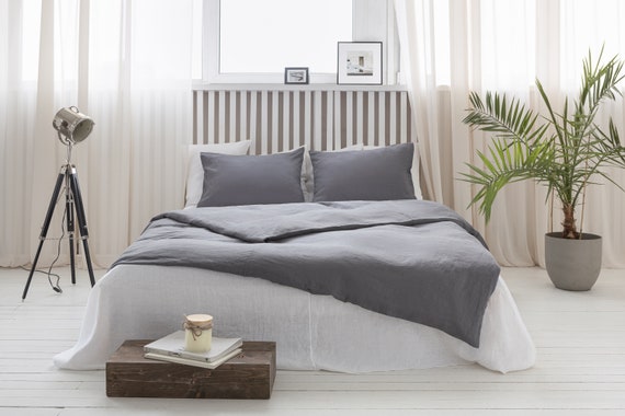 Grey Linen Bedding set with zipper 3 piece. Includes Duvet Cover Flat Bed Sheet and Pillowcases. Single Double Queen King Custom size Etsy