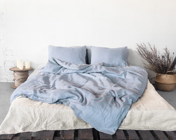 Ice Blue Linen Zipper Bedding set 3 piece. Includes Duvet Cover Flat Bed Sheet and Pillowcases. Single Double Queen King Custom Size Etsy