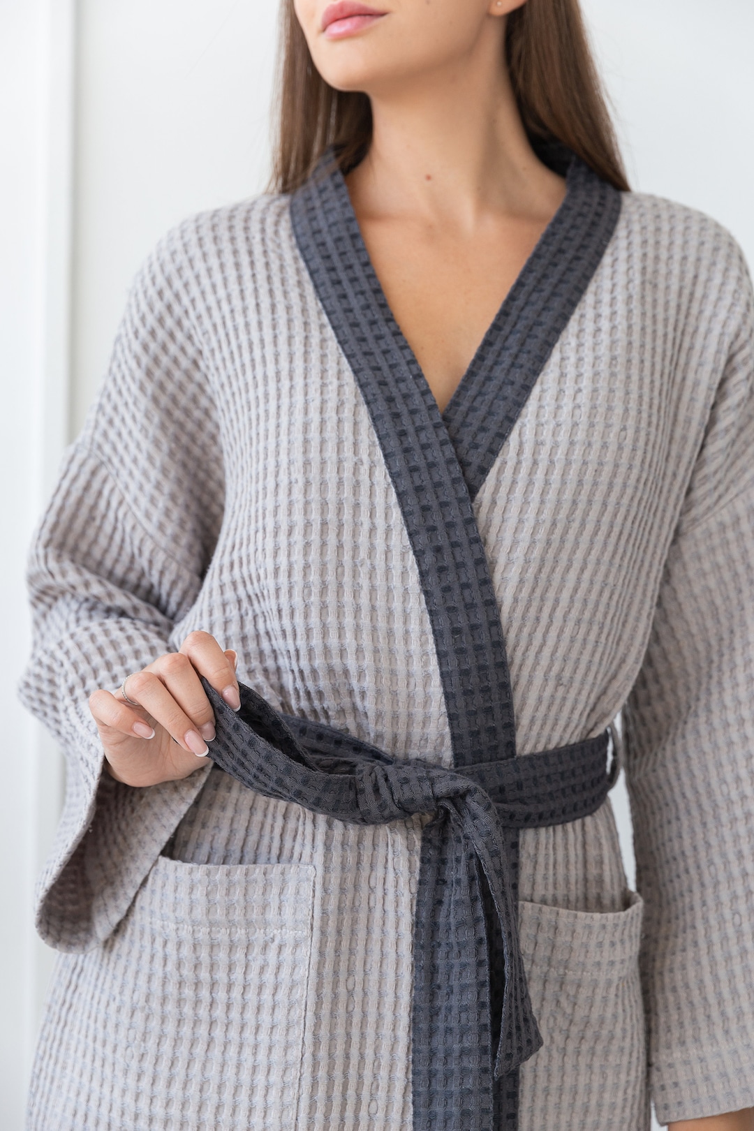 Light Grey Waffle Linen Bathrobe With Contrast Details, Linen Spa Robe ...