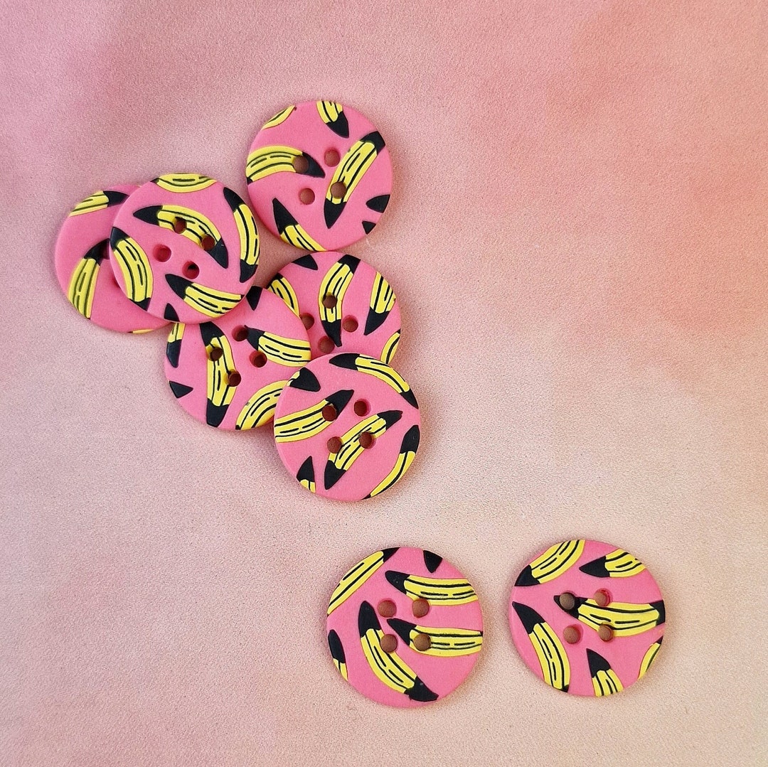 Pack of 2 Large Banana Buttons, Fruit Buttons, Pink Polymer Clay ...