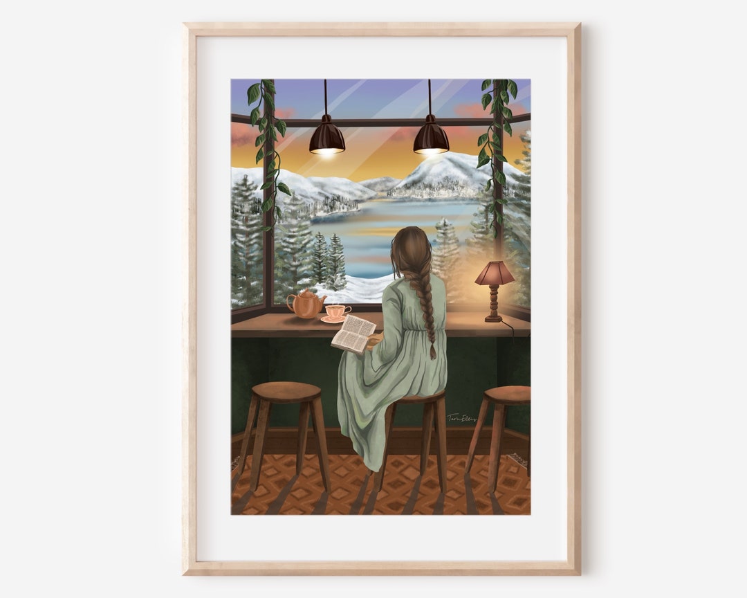 ROMANTICISM - Fine Art Print Cosy Cafe Girl Reading Snowy Mountain Lake ...