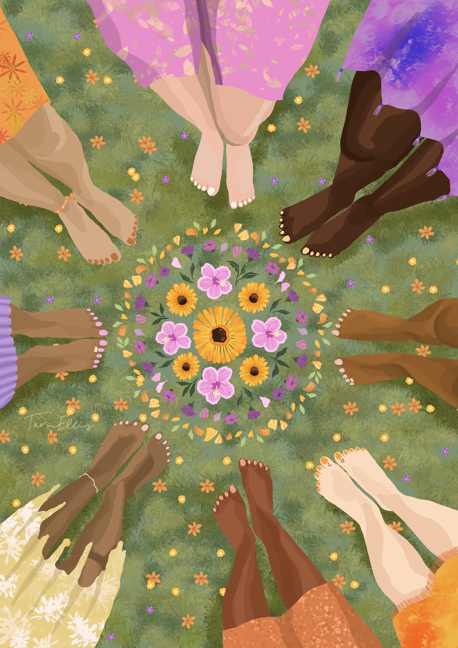 FLOWER CIRCLE Fine Art Womens Circle Group Illustration - Etsy