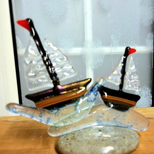 Fused Glass Boat on Wave Mounted on Glass Pebble, Sea Wave Majestic ...