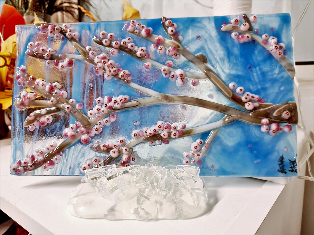 Cherry Blossom Panel Cornish Glass Large 20x15 Cm Fused Glass Art Glass ...