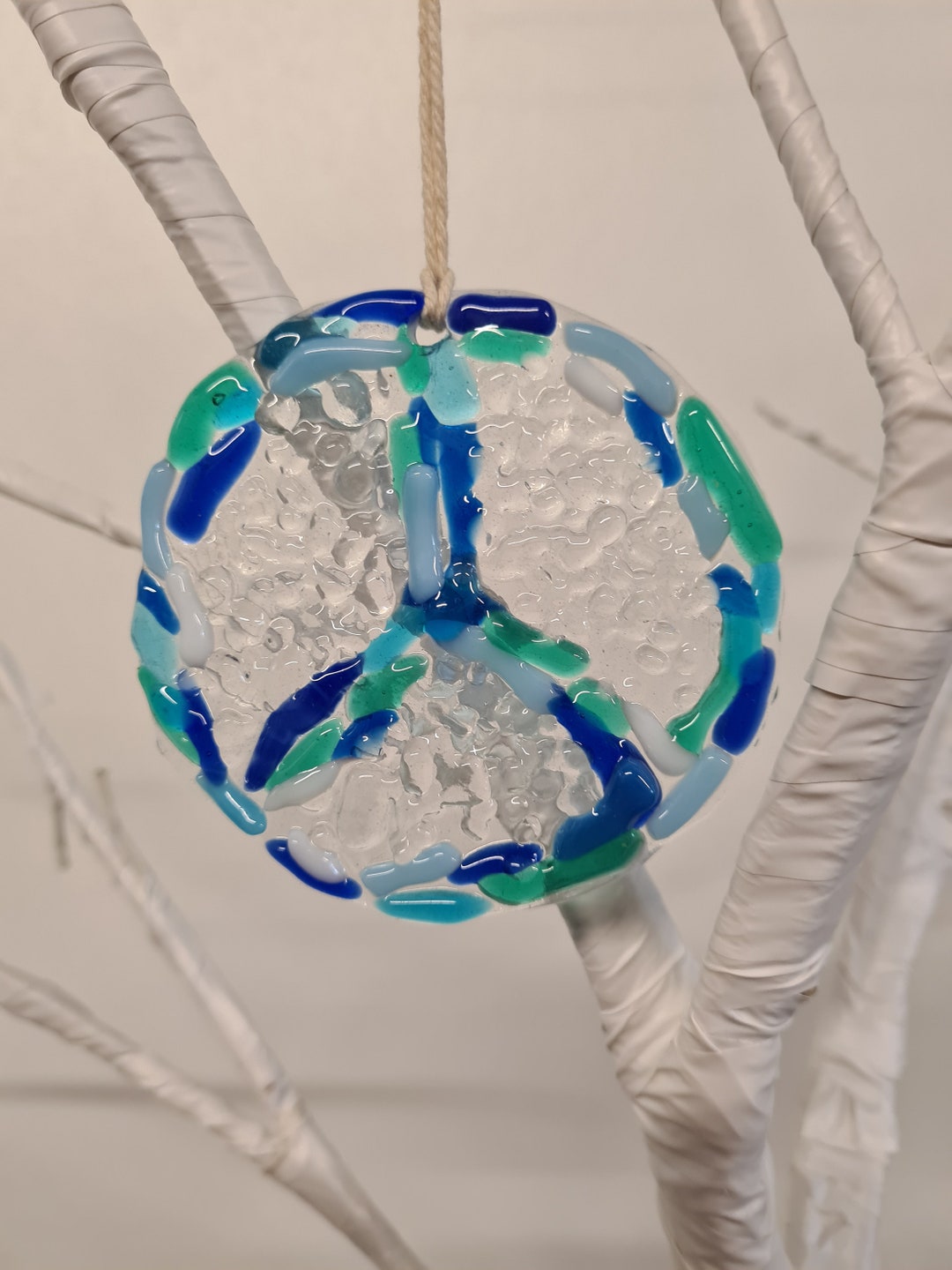 Fused Glass Peace Sign, Ocean Colours Sun Catcher, Hanging, Handmade ...