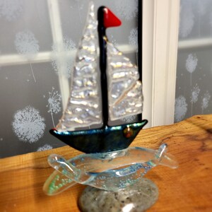 Fused Glass Boat on Wave Mounted on Glass Pebble, Sea Wave Majestic ...