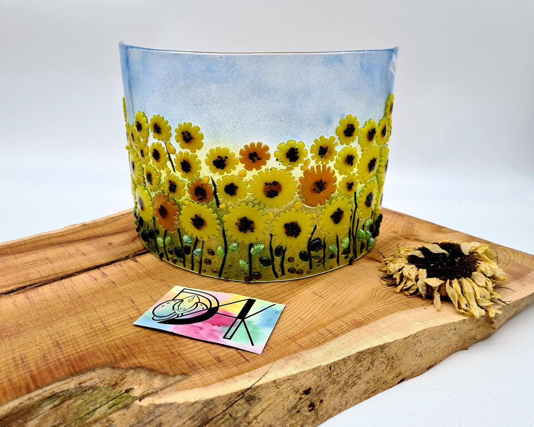 Sunflower Field Large Ornament Curve Fused Glass 17x30cm Flower Meadow ...