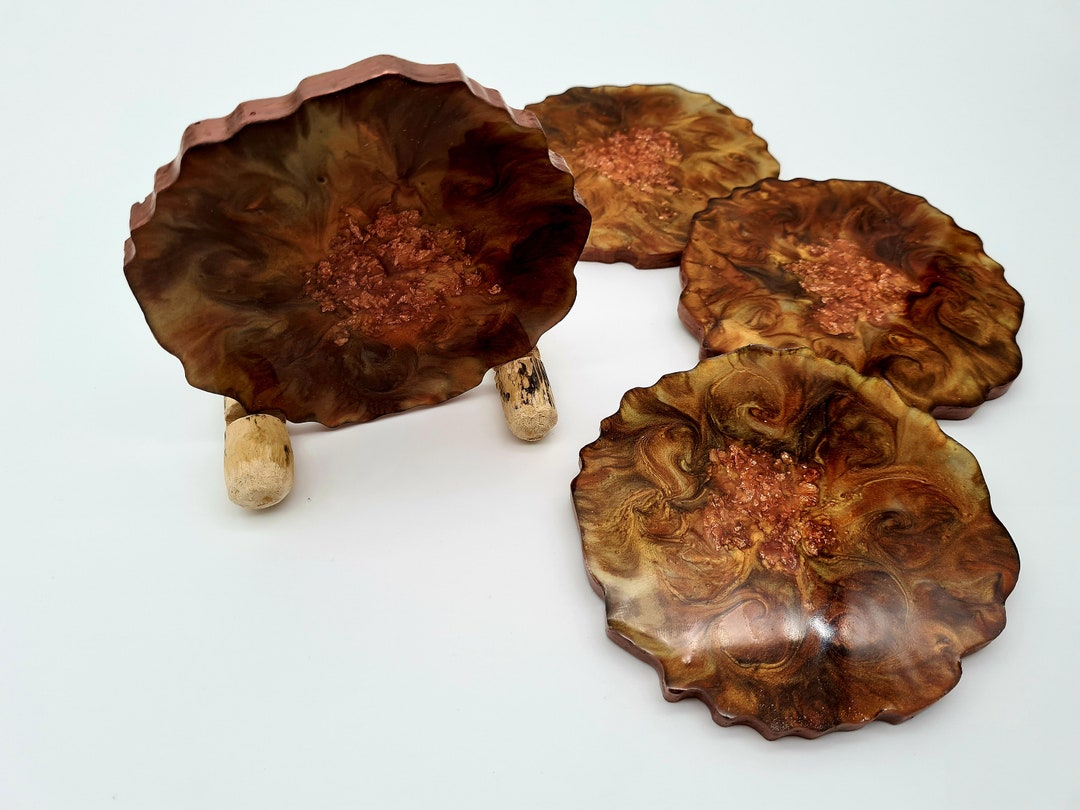 4 Resin Coasters XL Coffee Shades Coasters Lovely Copper Edging Décor ...