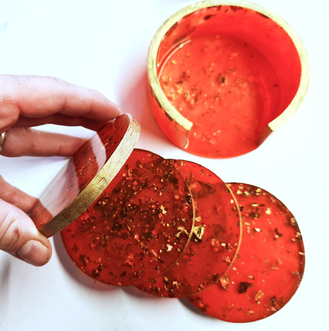Resin Set of Coasters, Red With Rustic Flakes, Gold Edges, 4 Coasters ...