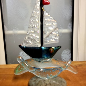 Fused Glass Boat on Wave Mounted on Glass Pebble, Sea Wave Majestic ...