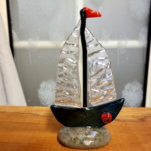 Fused Glass Boat on Wave Mounted on Glass Pebble, Sea Wave Majestic ...