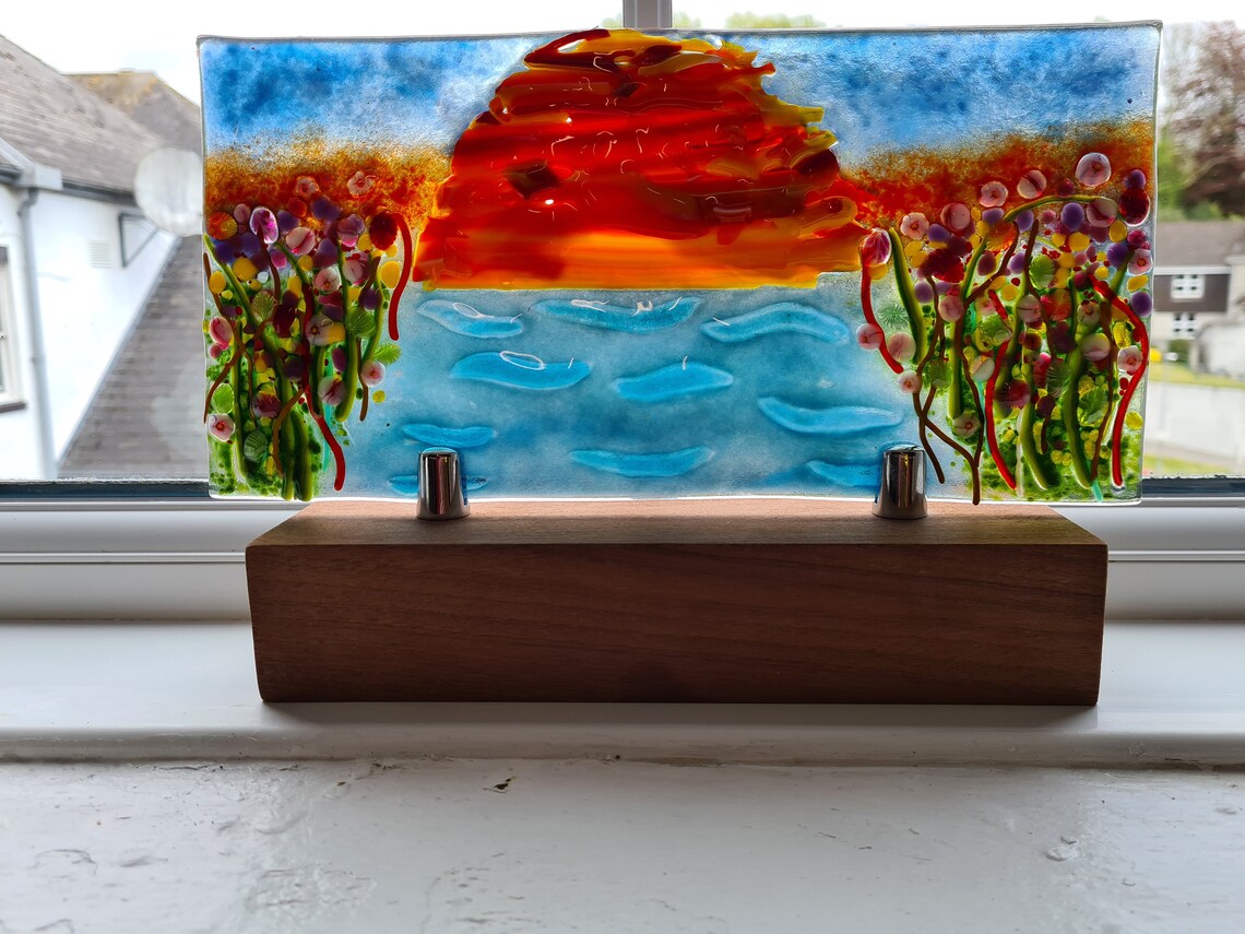 Fused Glass Sunset Large 15x30cm Floral Glass River Mouth Panel Light ...