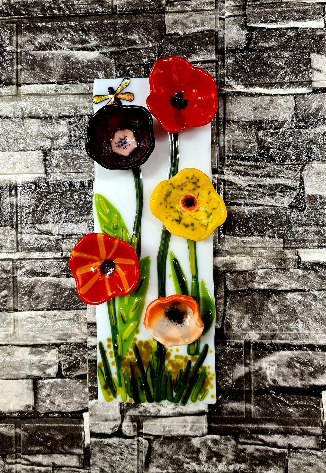 Fused Glass Poppy Meadow Field Bunch 3D Style Pane Large 15x30cm ...