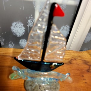 Fused Glass Boat on Wave Mounted on Glass Pebble, Sea Wave Majestic ...