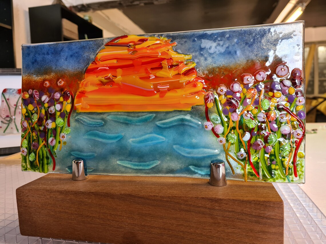 Fused Glass Sunset Large 15x30cm Floral Glass River Mouth Panel Light ...