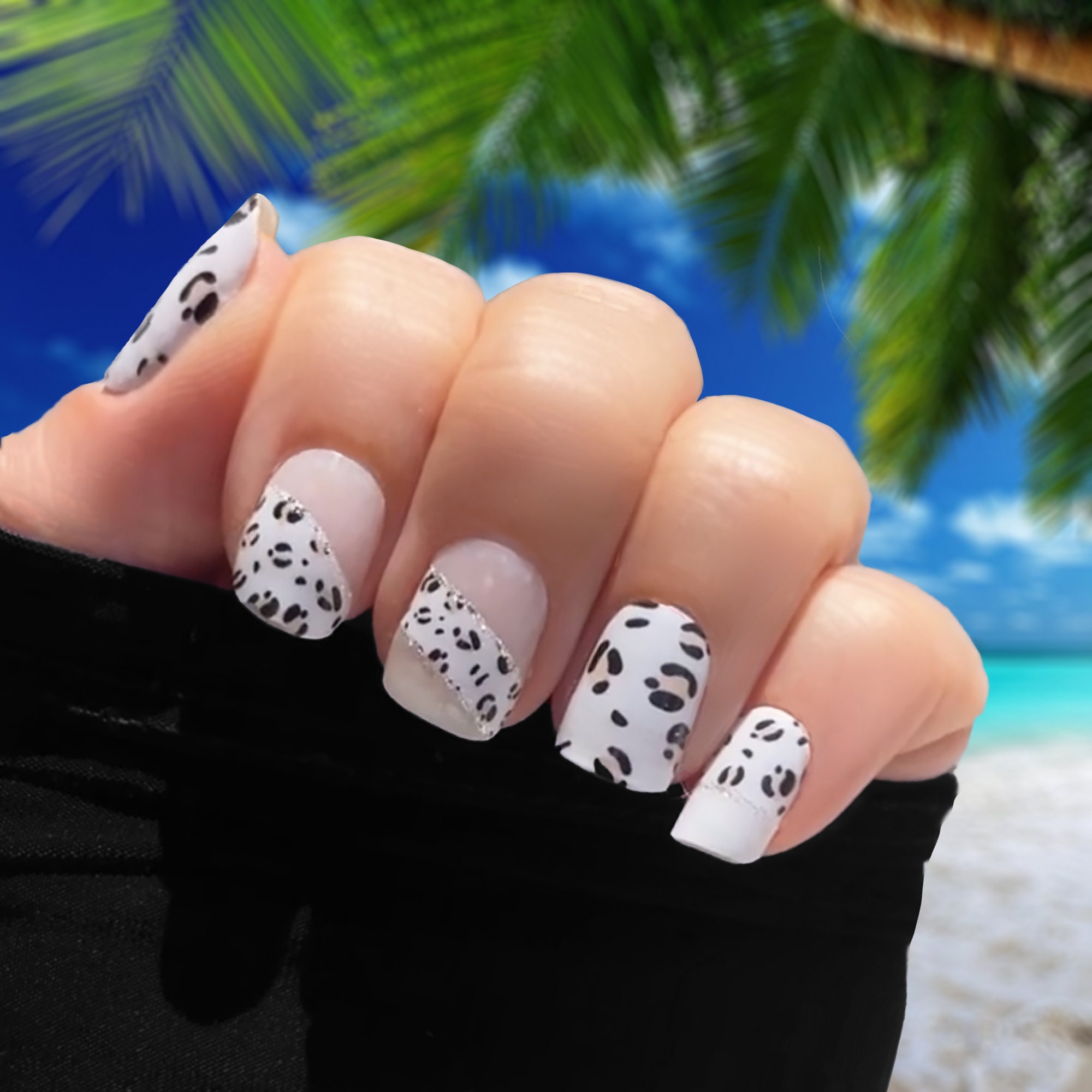 White Cheetah Print Nails 24pcs Leopard Print French Tip Press On