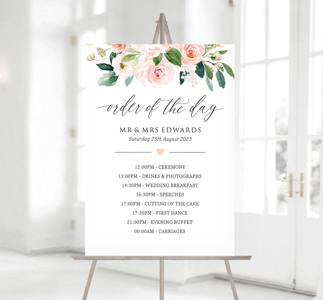 Blush Pink Order of the Day Wedding Sign, Order of Events Board, Dusty ...
