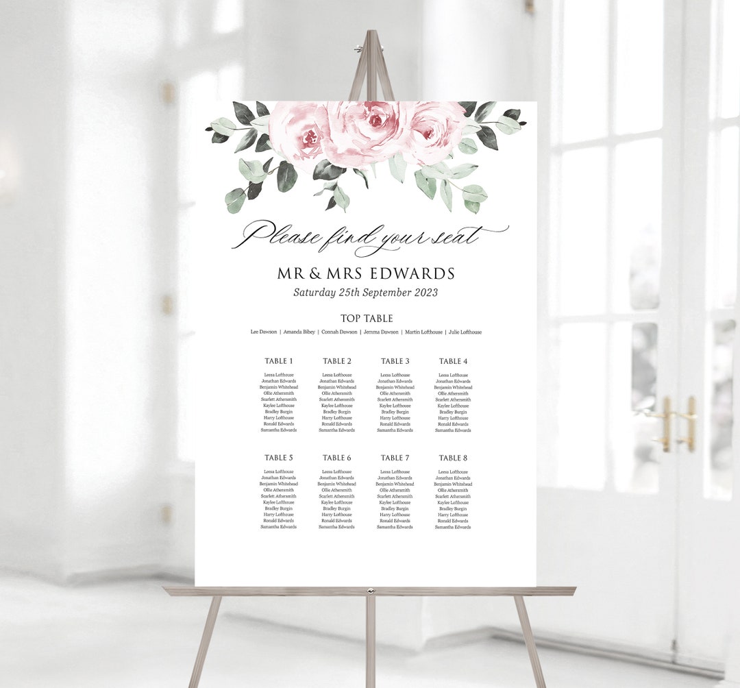 Dusky Pink Wedding Table Plan Board, Blush Pink Floral Wedding, Wedding ...