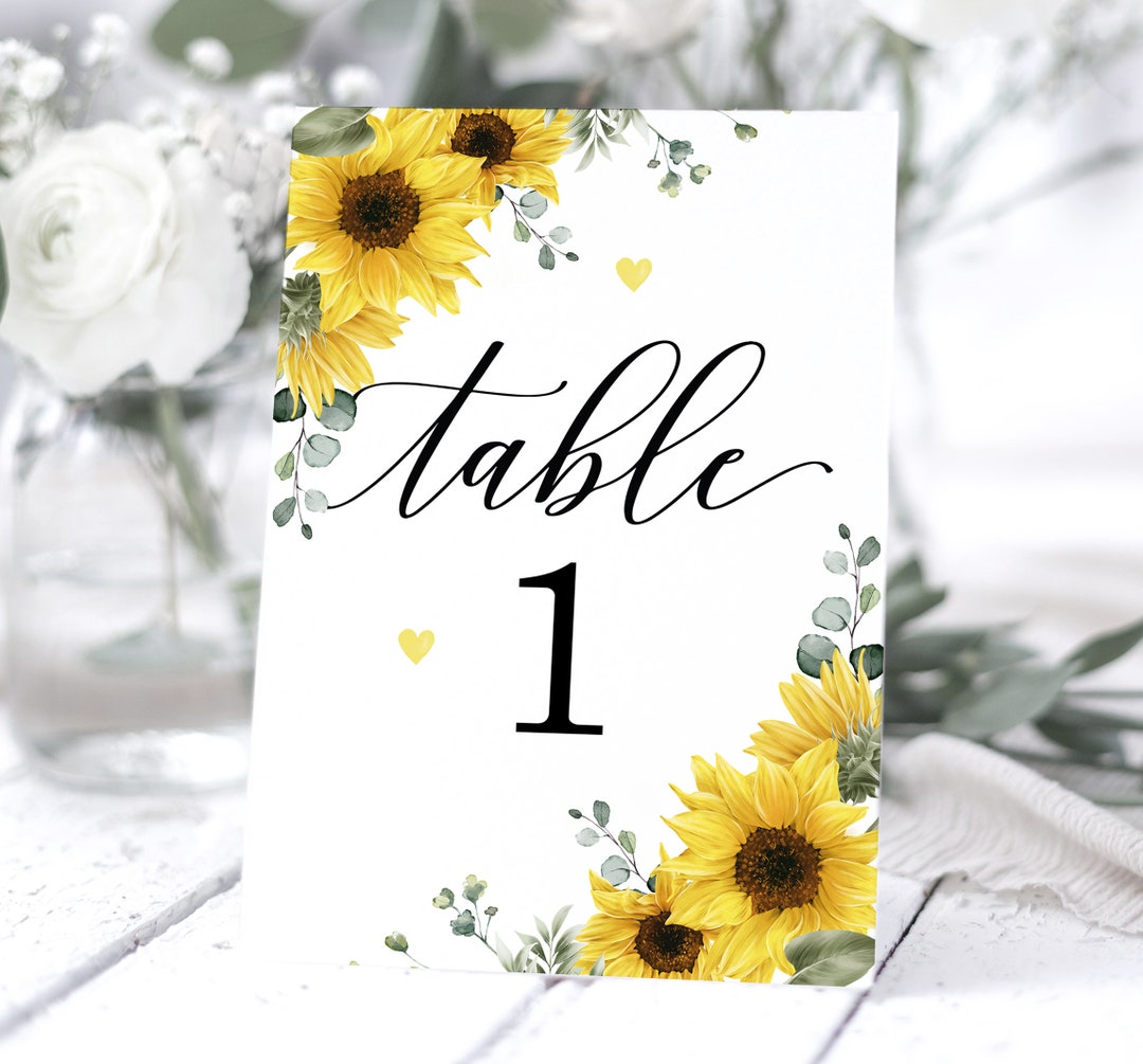 Sunflower Table Numbers, Wedding Table Cards, Yellow & Kraft ...