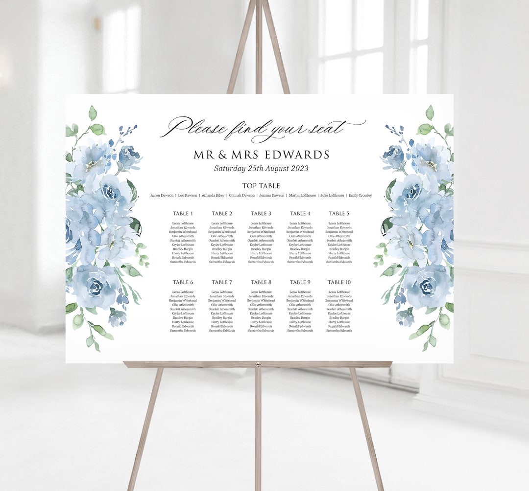 Dusky Blue Wedding Table Plan Board, Baby Blue Floral Wedding, Wedding ...
