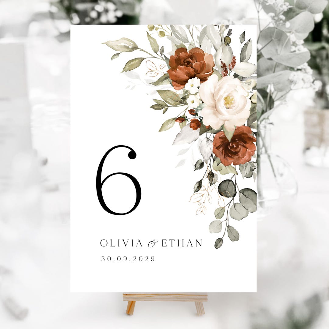 Terracotta & Ivory Floral Table Numbers, Autumnal Table Number Cards ...