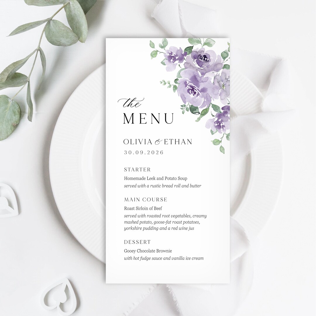 Menú de desayuno nupcial en tonos lila oscuro, menú de mesa ...